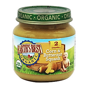 Earth's Best Organic Baby Food Jars, Stage 2 Vegetable Puree for Babies 6 Months and Older, Organic Corn and Butternut Squash, 4 oz Resealable Glass Jar