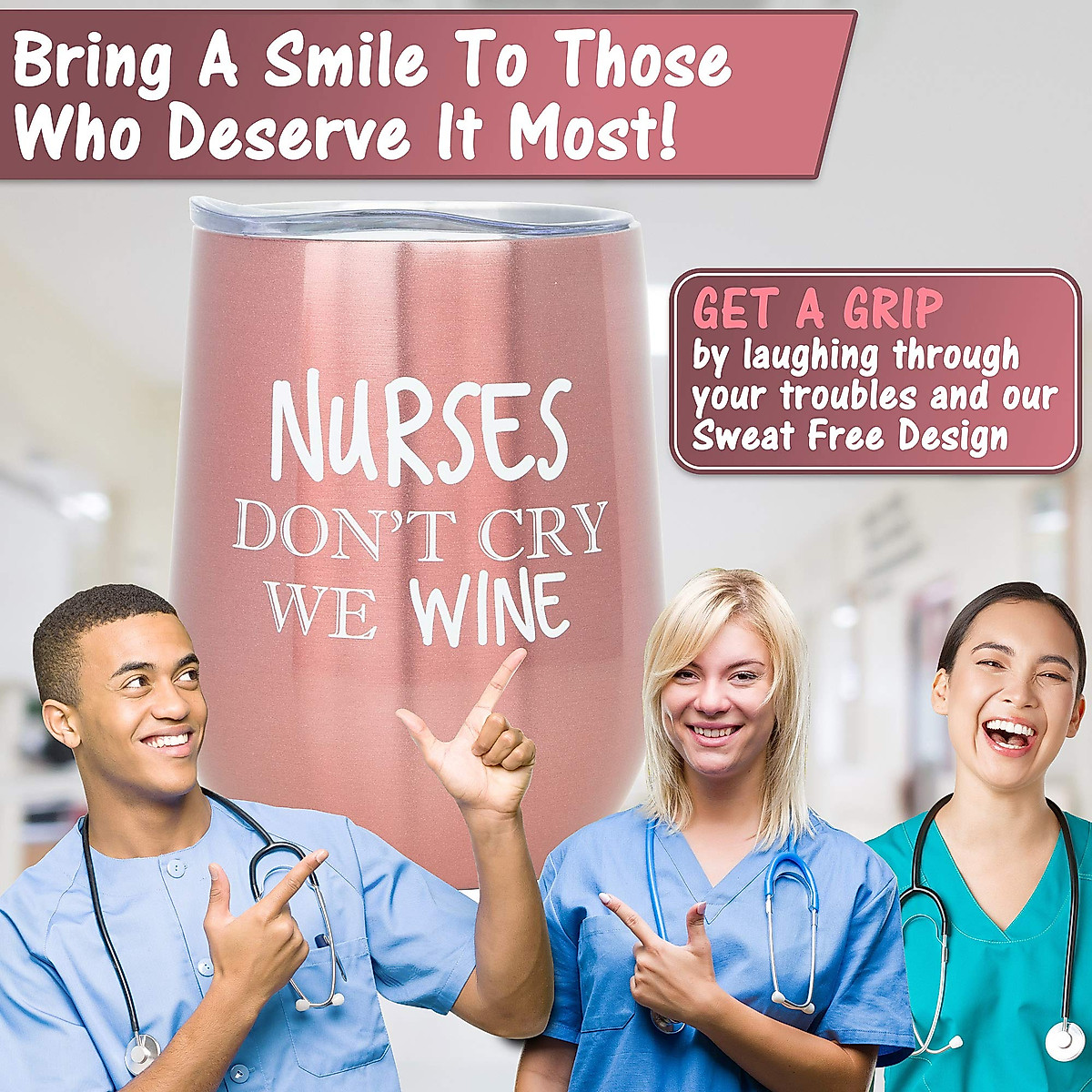 Nurse Wine Tumbler with Lid, Straw, and Cleaning Brush - Nurse Gifts for Women - Insulated Stainless Steel Wine Tumbler - Dishwasher Safe - Funny RN Gifts for Nurses - Rose Gold - 12oz