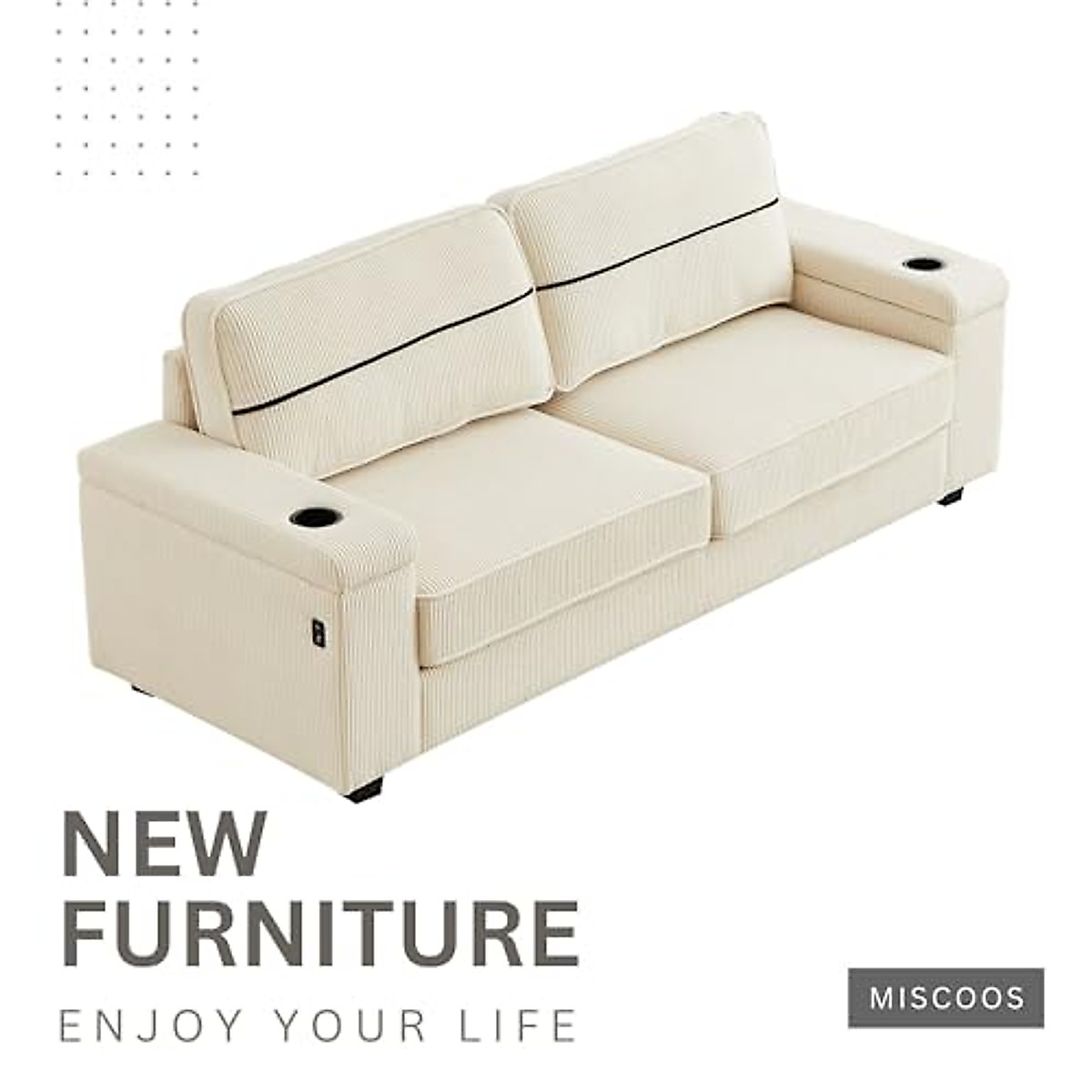 Miscoos 86.5" Deep Seat Loveseat Couch-Corduroy Sofa with Storage Armrests, Oversized Loveseat Couch with Charging Ports, 3 Seater Big Comfy Couch with Cup Holders, I-Shape Couches for Living Room