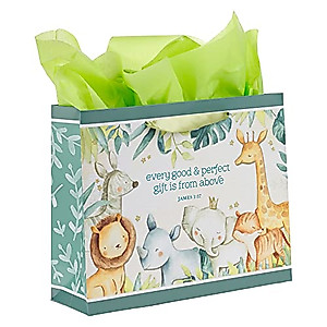 Christian Art Gifts Large Landscape Scripture Gift Bag w/Greeting Card & Tissue Paper Set for Kids: Every Gift Inspirational Bible Verse, Cute Animal Forest Theme Childrens Wrapping Accessory, Boys,