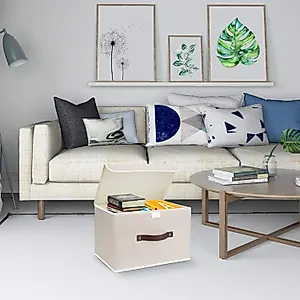 TYEERS Collapsible Storage Boxes, Washable Fabric Storage Bins with Lids, 14.9x9.8x9.8 inches, 3 Pack, Beige