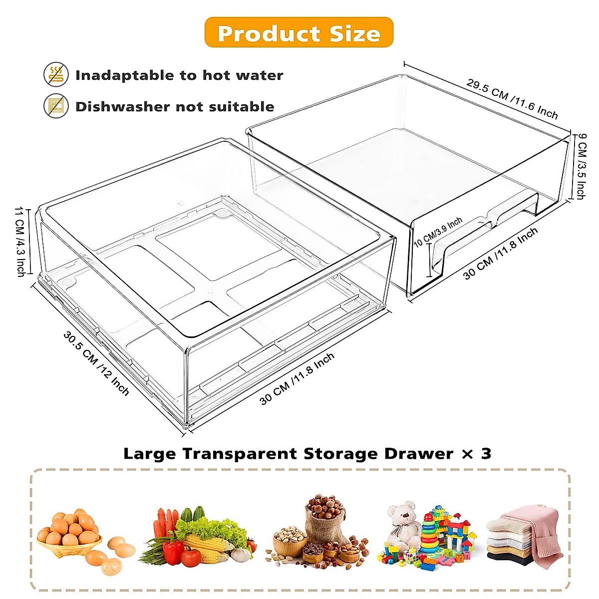 3 Pcs Extra Large Refrigerator Organizer Bins - Pull-Out & Stackable Fridge Drawers, Clear Food Storage Containers for Fruit & Vegetables, Kitchen & Freezers