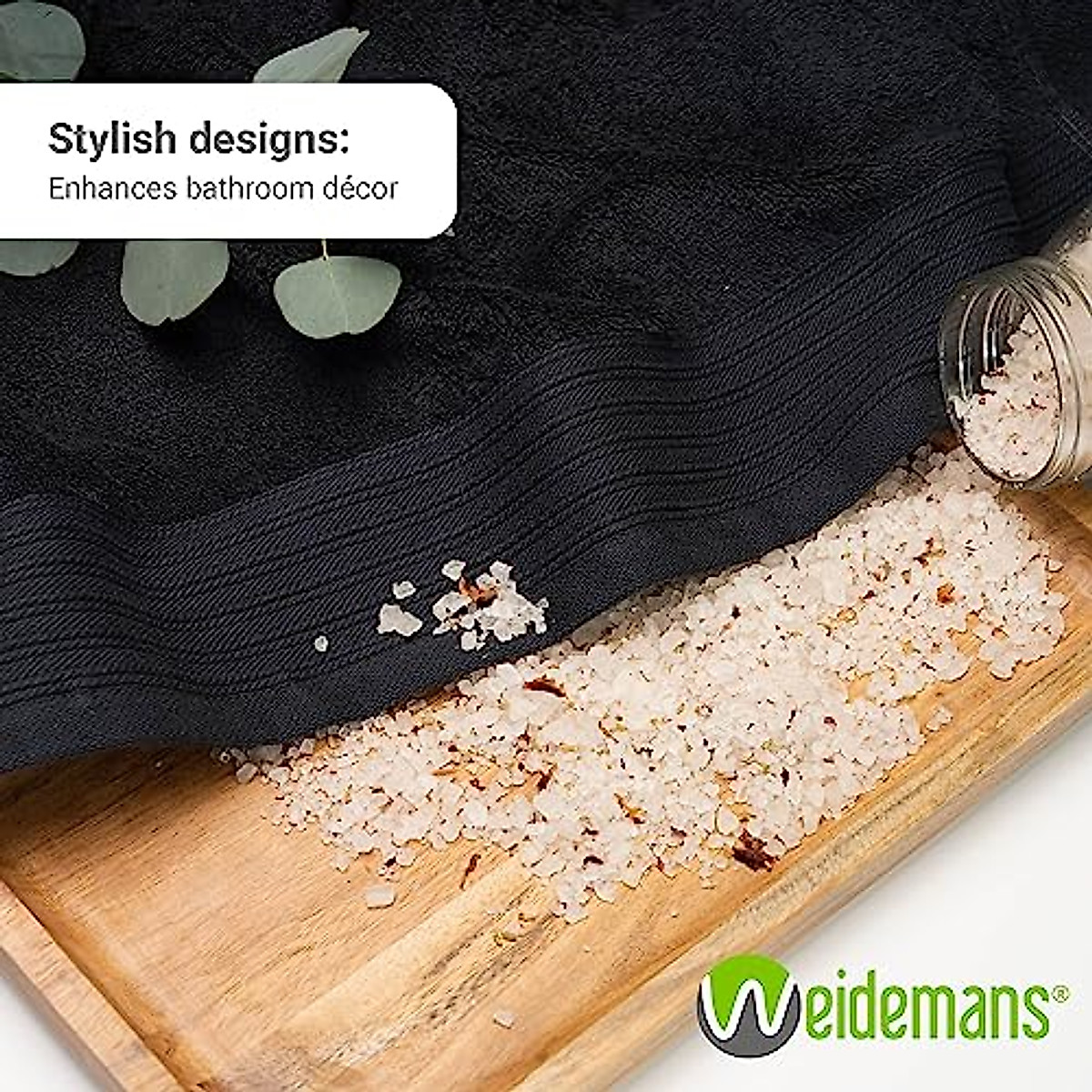 Weidemans 100% Cotton Towels | 2 Bath Towels 30" x 56", 2 Hand Towels 18" x 30" & 4 Washcloths 13" x 13" | Black Hand Towels | 8 Ultra Soft & Highly Absorbent Hand Towels for Bathroom