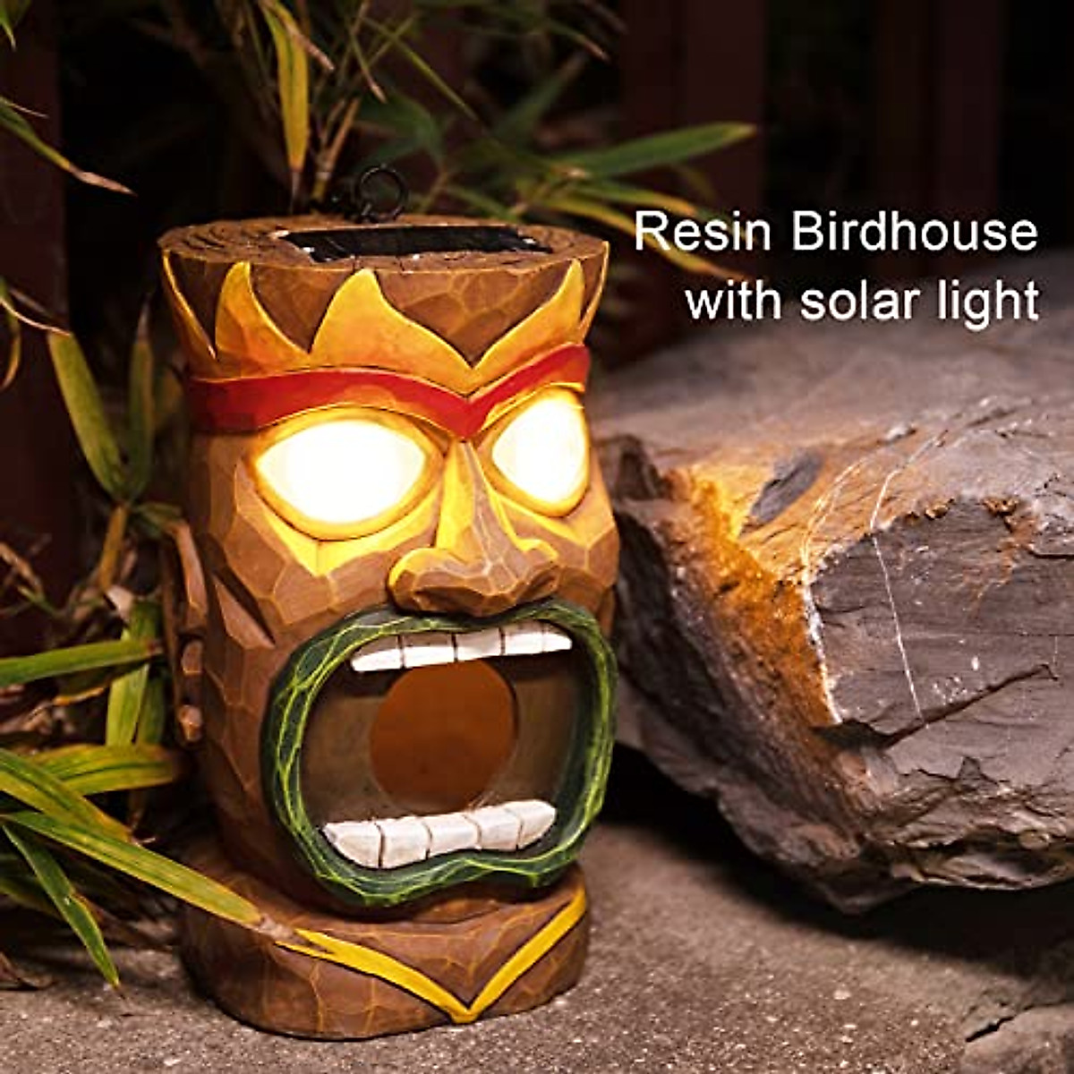 Ovewios Tiki Bird Houses for Outside, Tiki Head Solar Powered LED Light Waterproof Resin Statue Decorations Hanging Bird House for Outdoor Garden Yard Patio Tree Ornament, Green