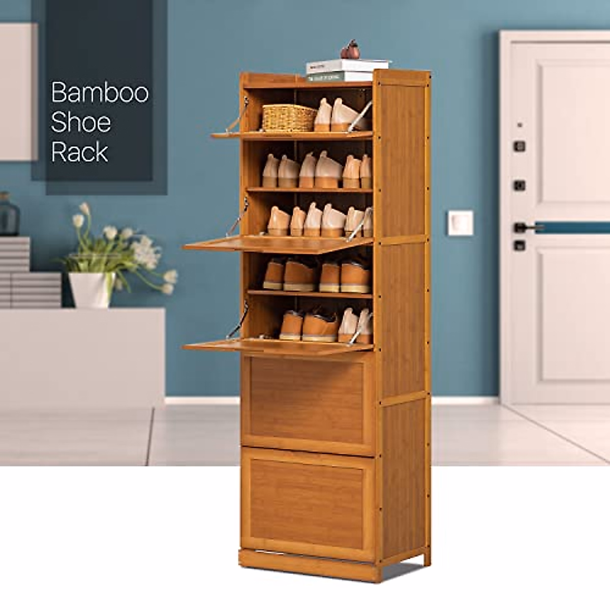 MoNiBloom Bamboo 9-Tier Shoe Organizer Storage Cabinet with Pull-Down Door 27-Pair Heels Boots Freestanding, Entryway, Brown
