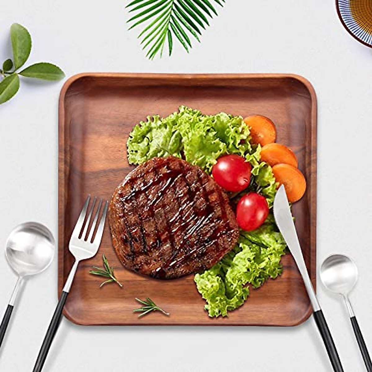 10 Inch Best Square Acacia Wood Dinner Plates Set of 2 Decorative Wooden Serving Platter for Food Fruit Tray Appetizer Dessert Salad Plates Charger Plates Charcuterie Boards