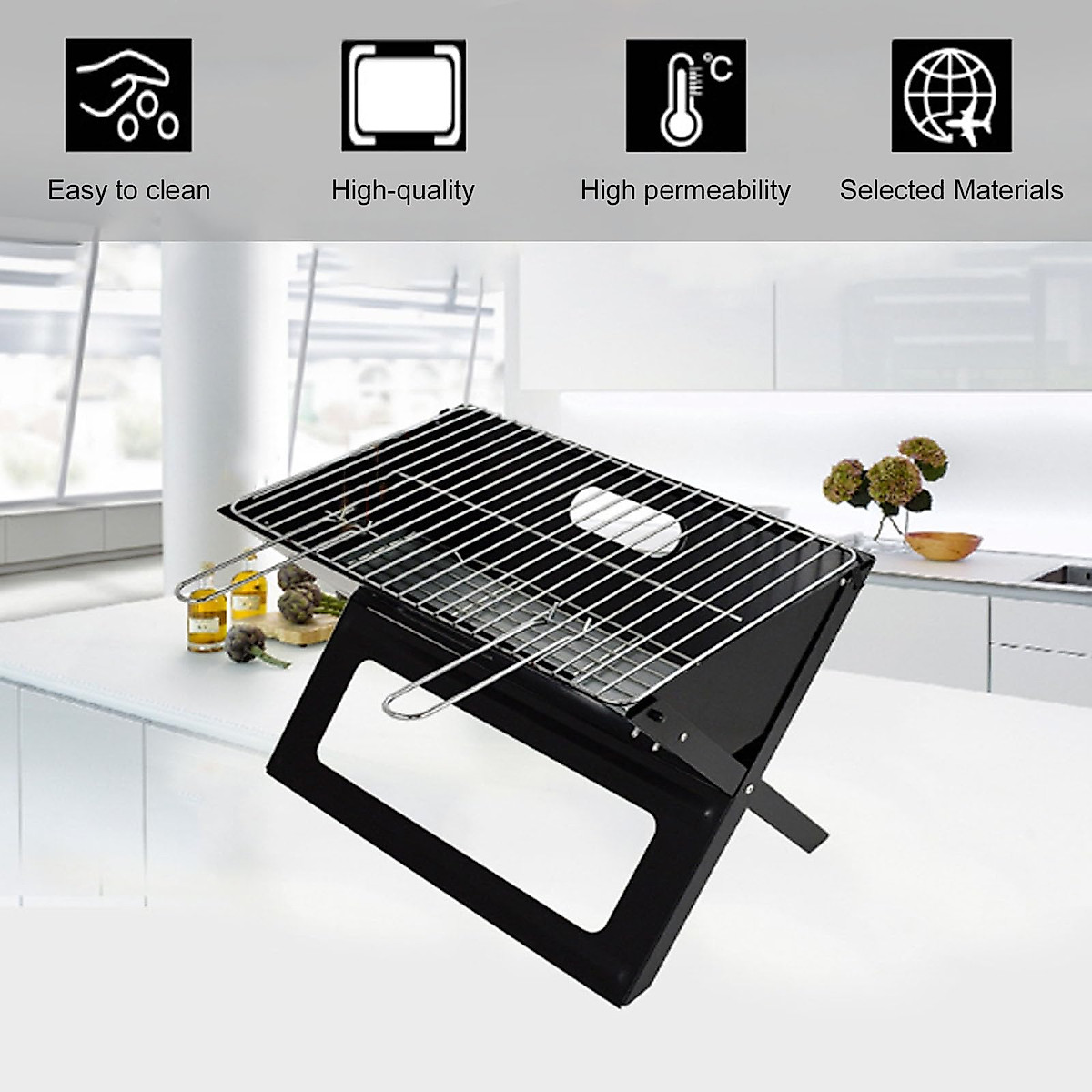 Charcoal Grills, Portable Metal Barbecue Grill, Small BBQ Grill for Adult, Folding Tabletop Grill for Outdoor Cooking Camping Beach Traveling Picnic Backyard, Black