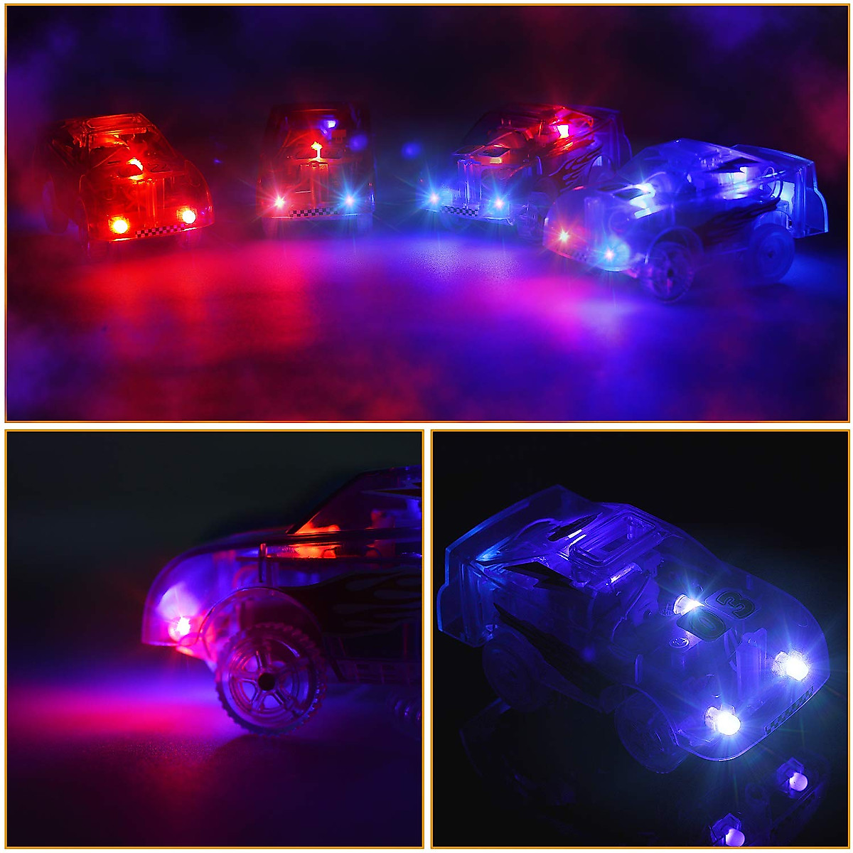 Save Unicorn Tracks Cars Replacement only, Toy Cars for Most Tracks Glow in The Dark, Car Track Accessories with 5 Flashing LED Lights, Compatible with Most Car Tracks for Girls Boys and Kids(4pack)