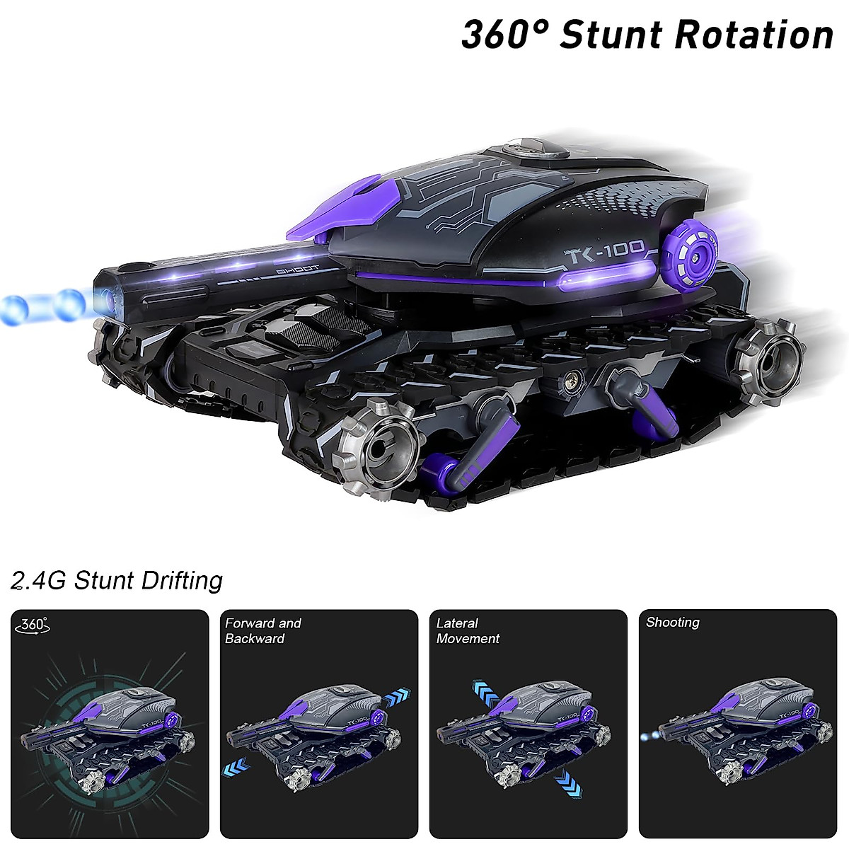 Bindove RC Stunt Tank with Light, Watch Gesture Sensor RC Tank Toy, 360 Rotation Remote Control Stunt Car Shooting Water Bullets, Gifts for Children (Tracked Black Purple)