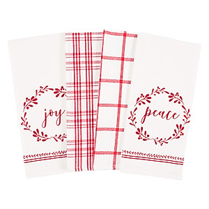KAF Home Set of 4 Mixed Holiday Dish Towels - 100% Cotton, 18 x 28 Inches - Peace and Joy