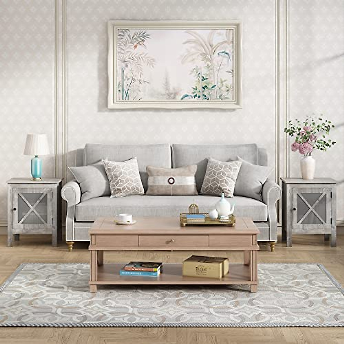 JAXPETY Set of 2 Modern Wood Nightstand, Bedside Table with X-Design Glass Door, Bedside Furniture, Night Stand, End Table, Side Table with Rustic Style for Home Bedroom(2-Pack, Light Grey)