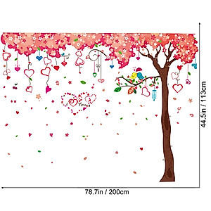 Giant Huge Pink Cherry Tree Wall Decals Cute Cartoon Removable Large Tree Lovely Heart Shape Wall Sticker Peel Stick for Kids Girls Bedroom Livingroom TV Background