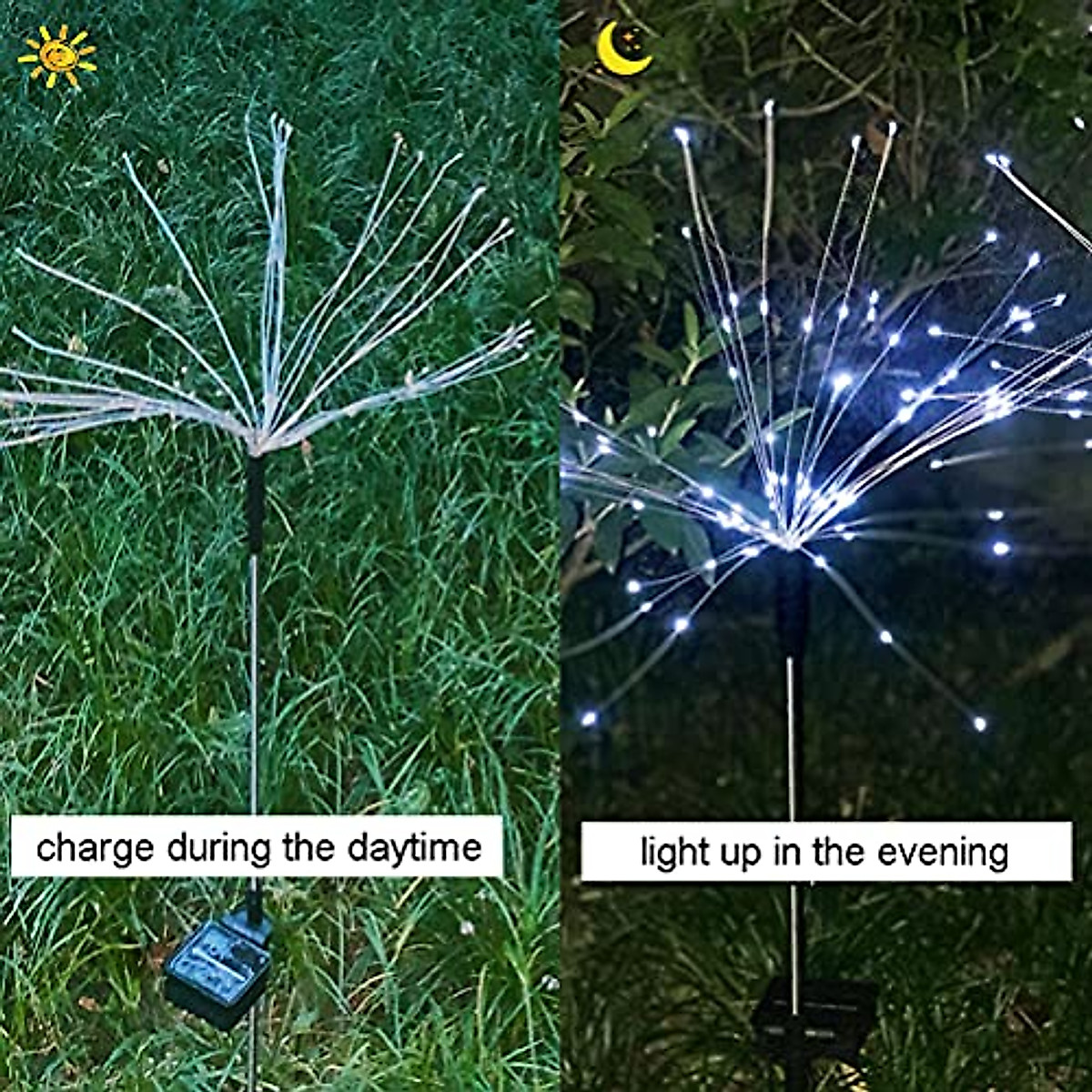 Rockabyee 2 Pack 120 Led Solar Firework Lights, 8 Modes Starburst Stake Lights, Outdoor Solar Garden Lights for Wedding Party Festival (Cool White)