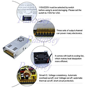 Padarsey DC 24V 15A 360W Power Supply Universal Regulated Switching Transformer Adapter Driver 110V/220V AC Input for LED Strip CCTV Radio Computer Project
