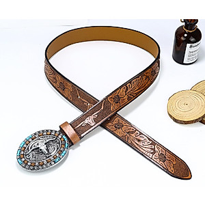 FGSS Western-Cowboy-Leather-Belts for Women Turquoise-Oval-Buckle Embossed Cowgirl Belt for Jeans Pants