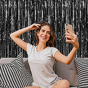 6 Pack Black Foil Fringe Curtains Party Backdrop, 3.28 x 8.2 ft Metallic Foil Tinsel Fringe Backdrop Door Fringe for Photo Wedding Birthday Bridal Showers Graduation Theme Party Decorations