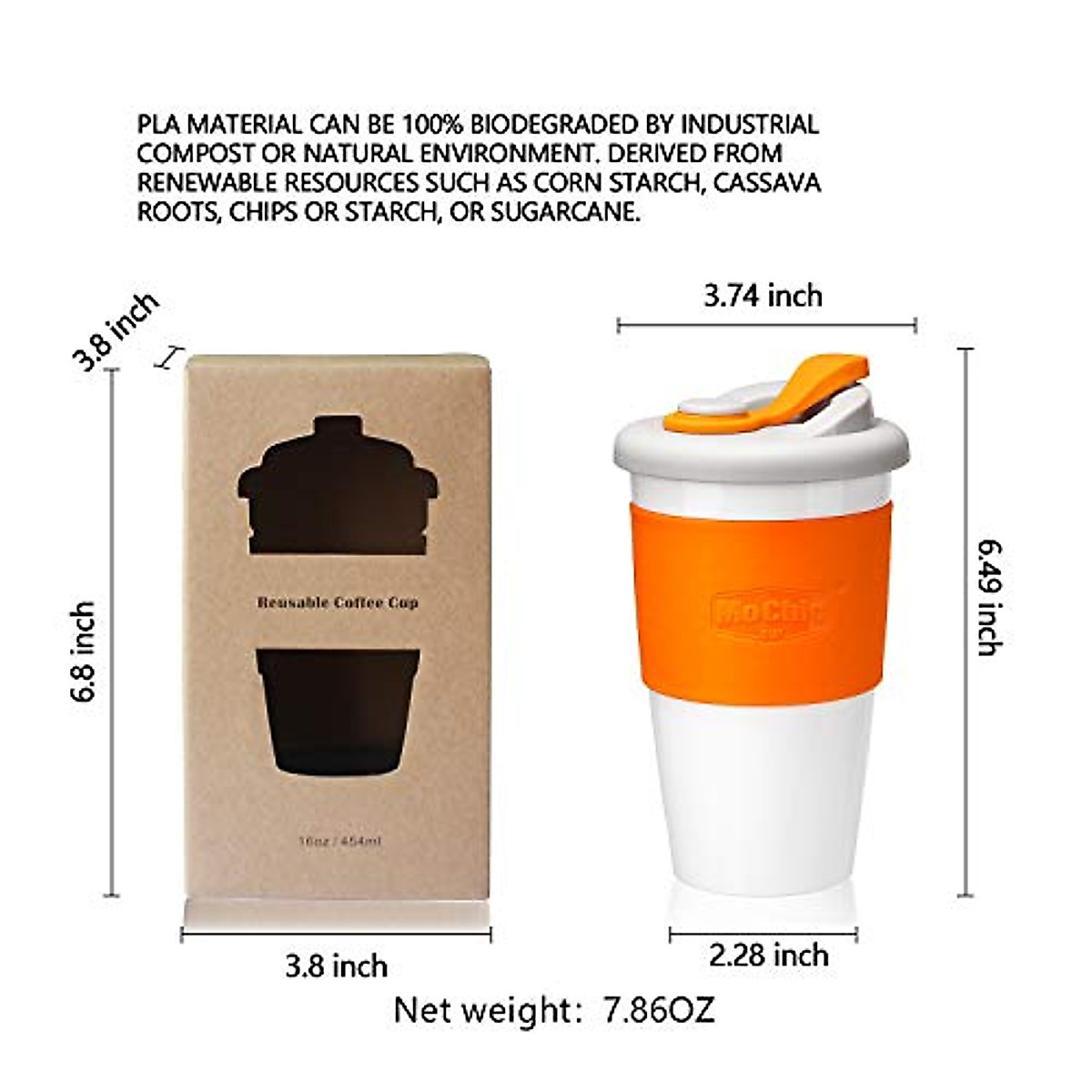 MOCHIC CUP Reusable Coffee Cup with Lid Portable Travel Mug with Non-Slip Sleeve BPA Free Dishwasher and Microwave Safe Friendly Coffee Mug (Orange,16oz)