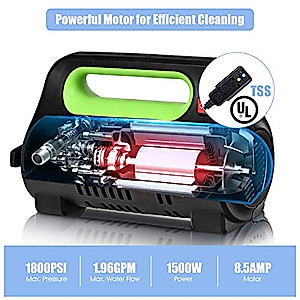 Safstar Handheld Pressure Washer, 1800PSI Compact High Power Washer, Portable Electric Cleaning Machine with Nozzles, Spray Gun, Turbo Nozzle Detergent Tank for Car Garden Lawn, 1500W 1.96GPM (Green)