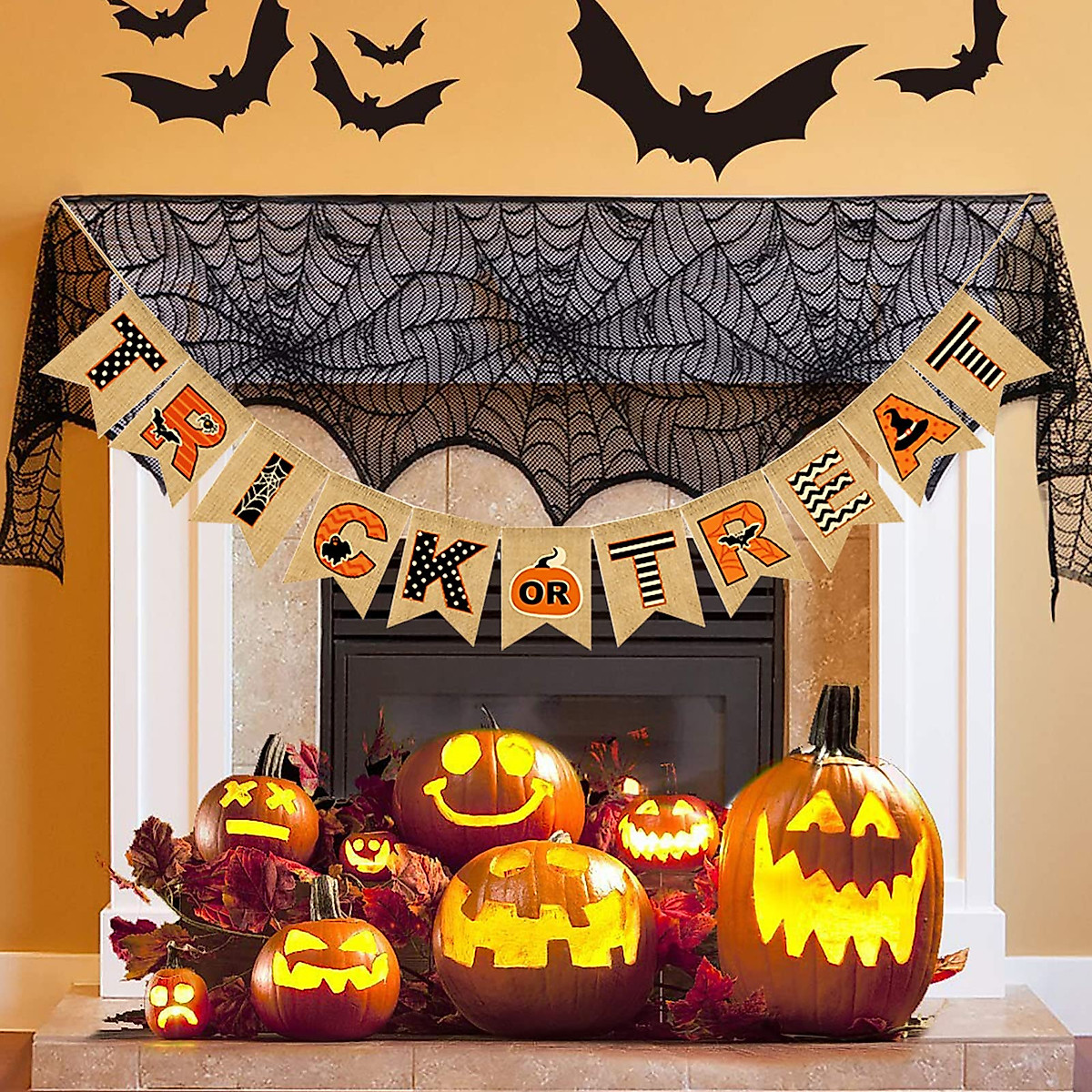 Halloween Banner Happy Trick or Treat Hanging Burlap Banner for Fireplace, Halloween Bunting Garland Banner for Mantle Home Halloween Party Decorations