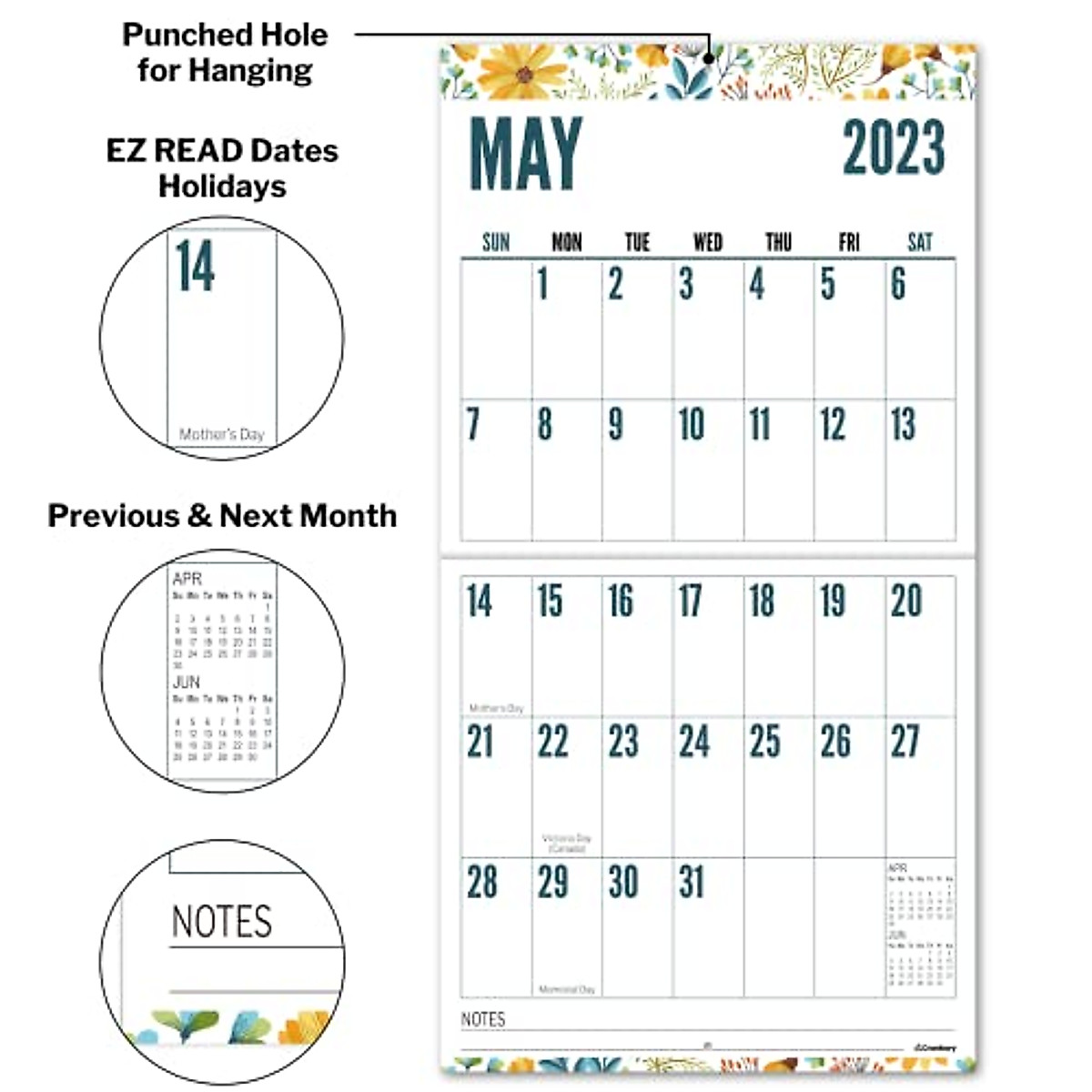 CRANBURY Large Print Wall Calendar 2023 - (Seasons, 12x23" Open), Colorful Designs, Big Numbers, Big Grid Calendar 2023, Low Vision Calendar, Non-Glossy Paper, Includes Stickers