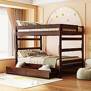 Full Over Full Bunk Bed with 2 Drawers, Solid Wood Bunk Bed Frame with Ladders & Storage Drawers, Bedroom Furniture Can Be Divided Into Two Individual Beds