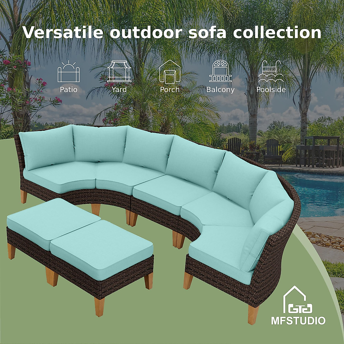 MFSTUDIO 12 Pieces Extra Large Wicker Patio Furniture Set, Rattan Outdoor Half-Moon Sectional Sofa Curved Patio Conversation Set, 8 x Curved Sofa, 2 x Armless Sofa, 2 x Ottoman(Aqua Blue Cushion)
