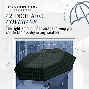 London Fog Mini Rain Umbrella, Manual Folding Umbrella, Windproof, Lightweight and Packable for Travel, Full 42 Inch Arc, Navy Tartan