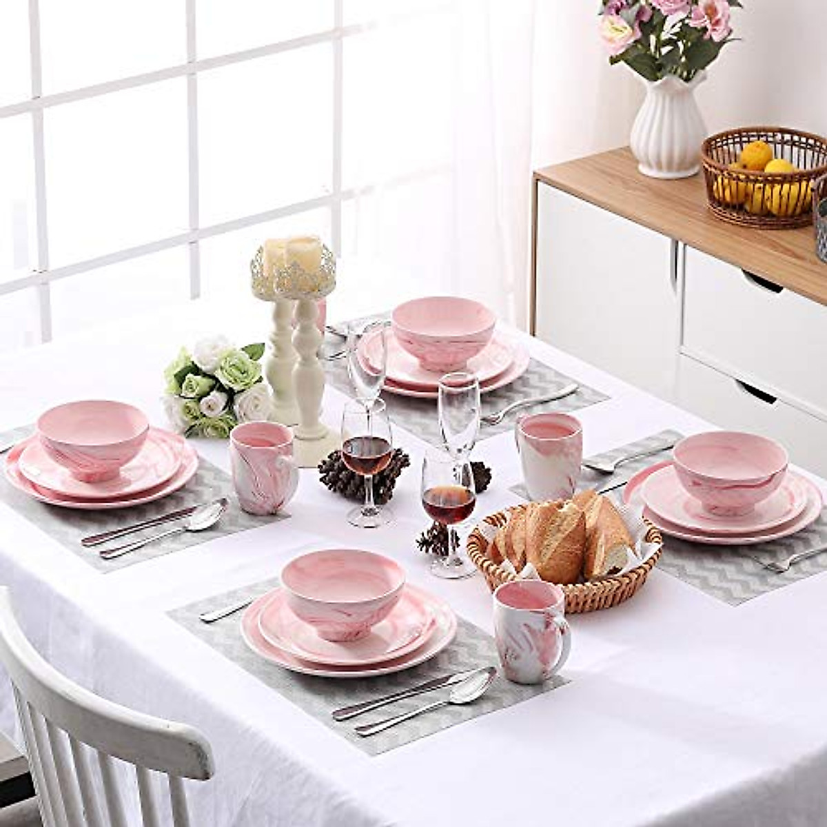 TBGFPO 16-Piece Multicolor Ceramic Porcelain Dinner Set with 4*Dinner Plate, Dessert Plate, Bowl, Mug Set Service for 4