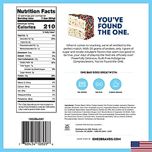 ONE Protein Bars, Birthday Cake, Gluten Free Protein Bars with 20g Protein and only 1g Sugar, Guilt-Free Snacking for High Protein Diets, 2.12 Oz, 12 Count