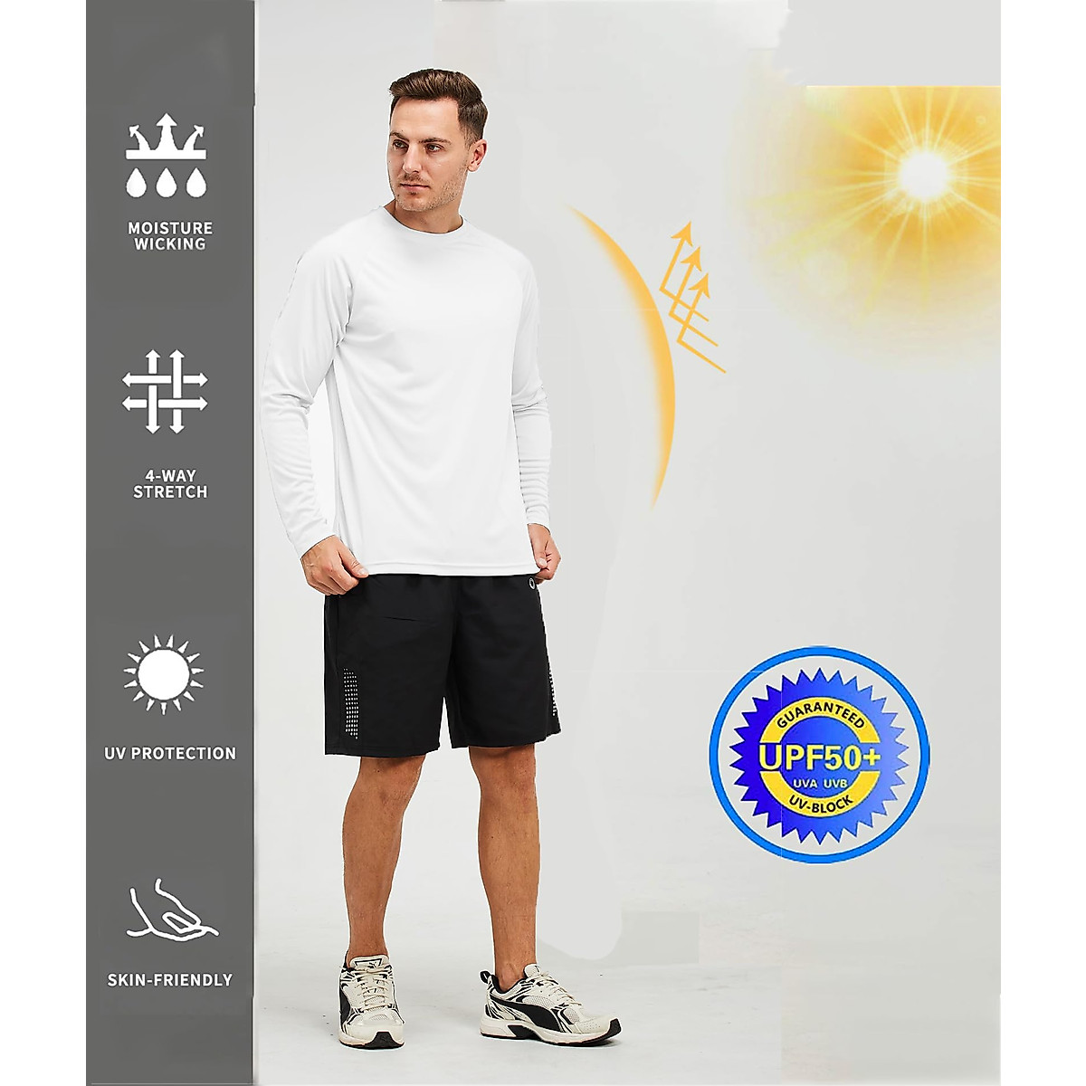 Men's UPF 50+ Long Sleeve Shirts UV Sun Protection Quick Dry Workout Shirts for fishing Running Hiking white S