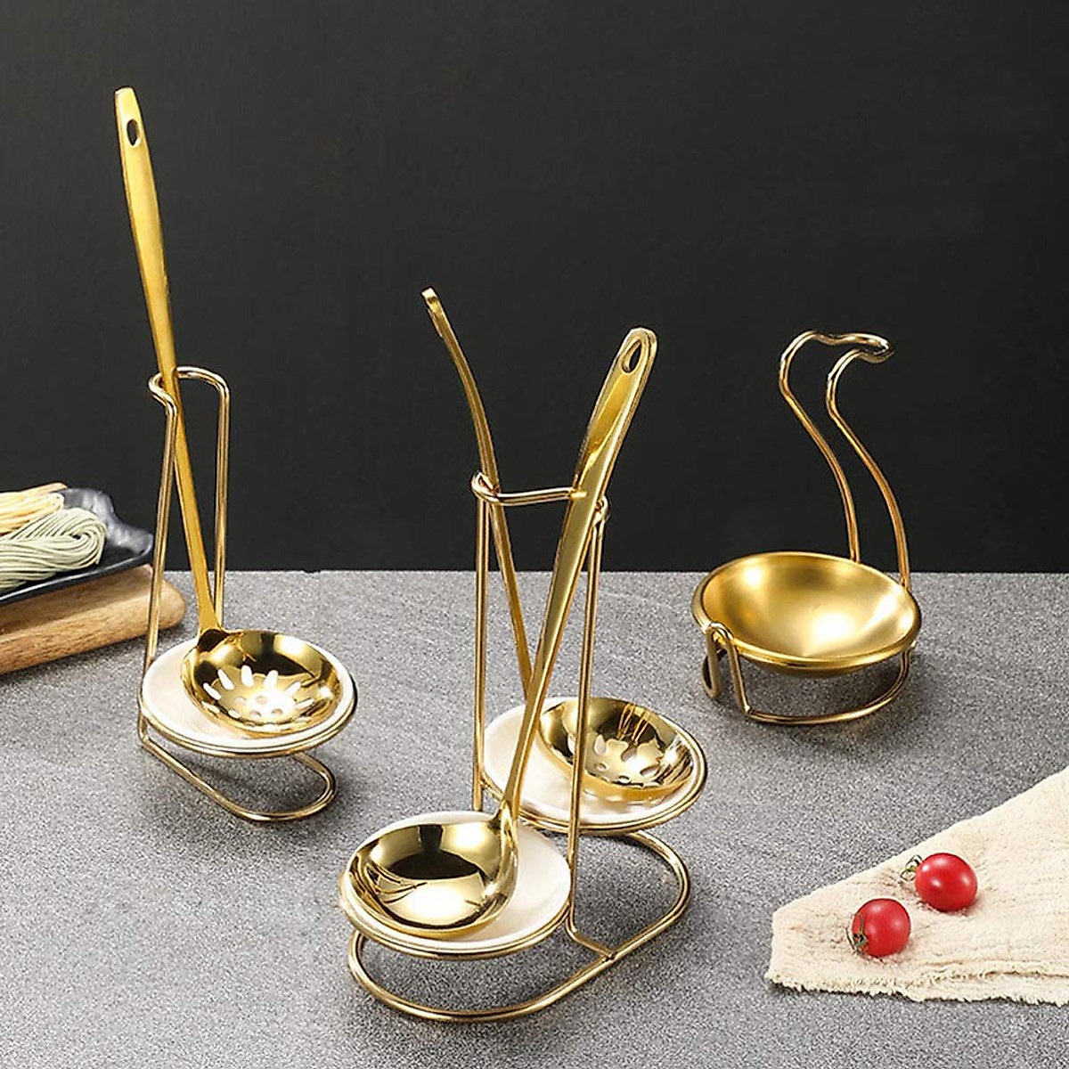 jojofuny Standing Spoon Rest with Ceramic Dish, Stainless Steel Upright Spoon Holder, Double Ladles Holder Utensil Stand for Stovetop Counter