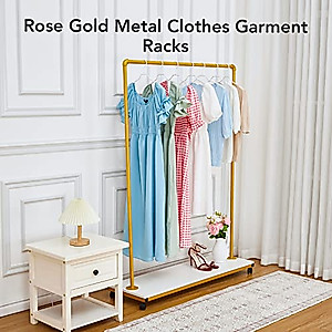 PioneerWorks Clothing Rolling Rack,Heavy Duty Gold Metal Shelves,Industrial Pipe Clothing Rack on Wheels Heavy Duty Garment Racks for Bedroom Living Room Boutique Use
