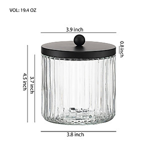 KMwares 2-Pack Glass Qtip Holder Dispenser Set for Cotton Ball, Swab, Round Pads, Floss Picks with Matte Black Metal lid - Bathroom Canister Storage Organization and Vanity Makeup Organizer (Clear)