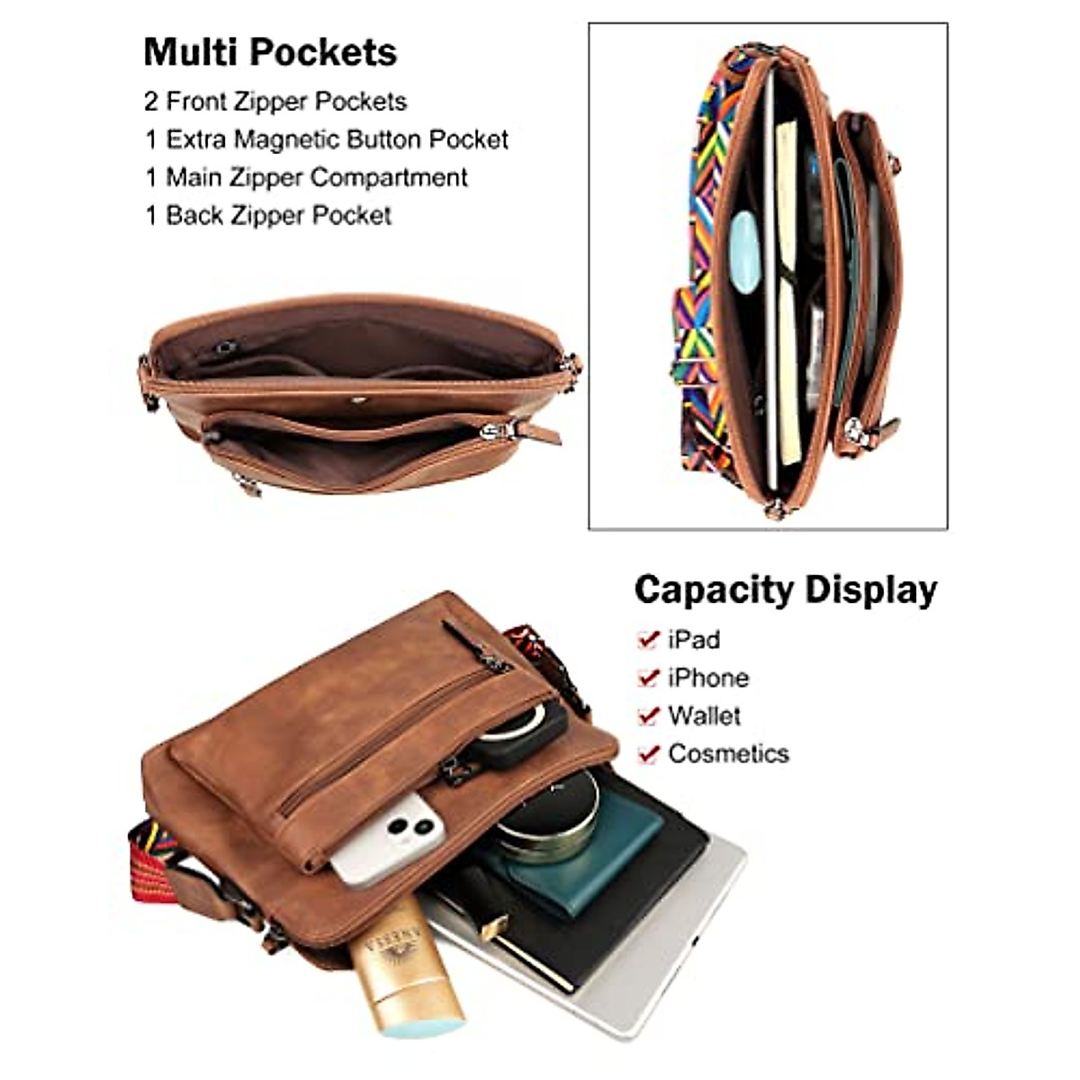 MASINTOR Crossbody Purses for Women Crossbody Bag, Triple Zip Pockets Adjustable Wide Strap, Soft Leather Medium Women's Crossbody Handbags