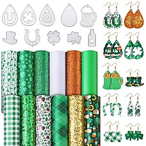 Weewooday 22 Pieces St. Patrick's Day Faux Leather Sheets and Earring Cutting Dies Shamrock Teardrop Hat Earring Die Cutting Glitter Leather Fabric for St. Patrick's Day DIY Earrings Hair Bow Craft