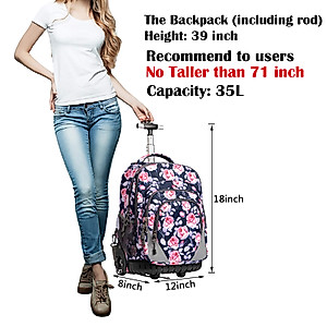 SKYMOVE 18 inches Wheeled Rolling Backpack Multi-Compartment College Books Laptop Bag Business Trip Carry-on, Pink Flower