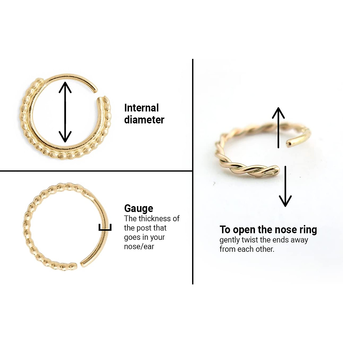 14k Nose Ring, 22g Solid Yellow Real Gold Nose Ring, Twisted Rope Piercing Jewelry, Nose Hoop, Minimalist Dainty Tribal Handmade Boho Piercing Jewelry, 7.5mm