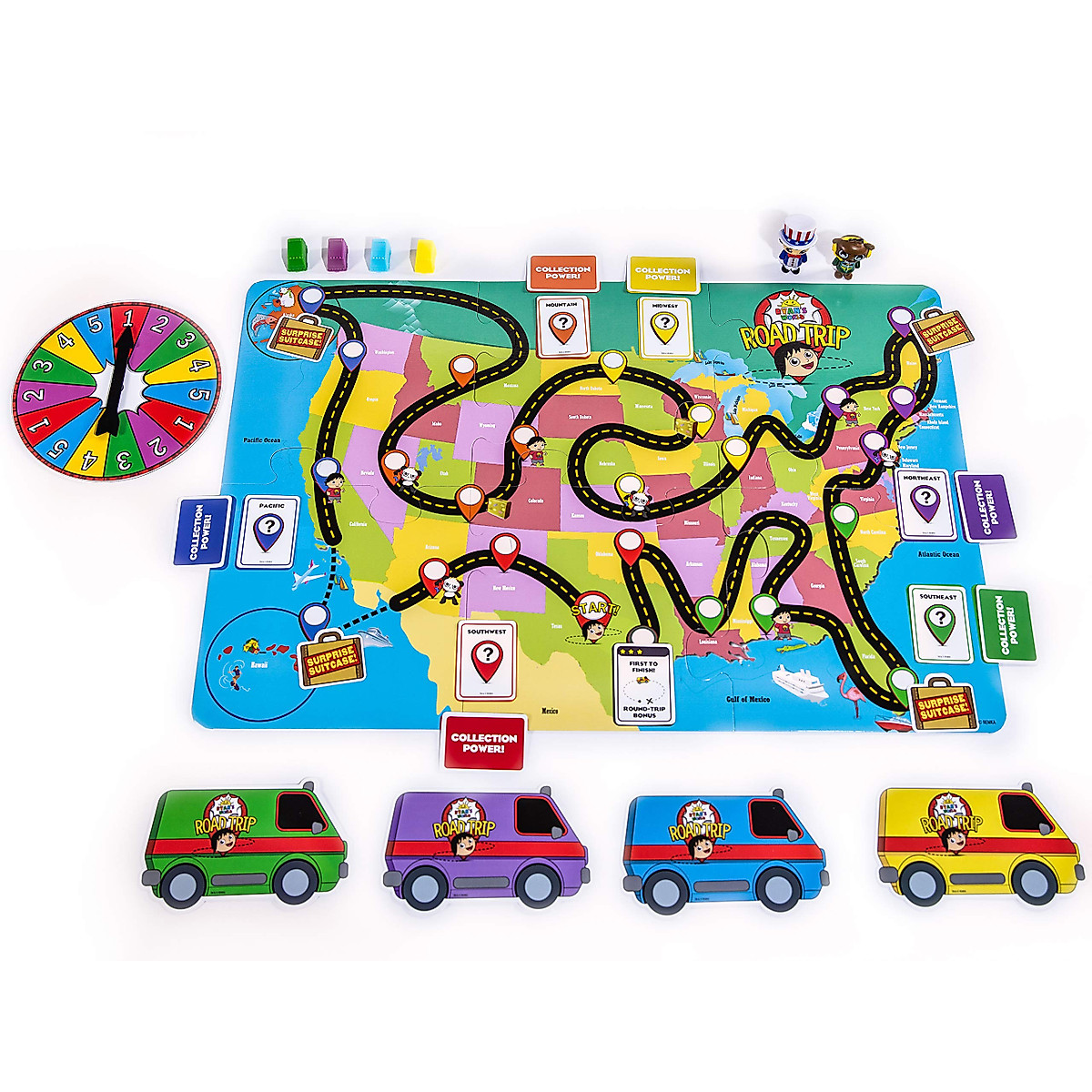 Far Out Toys Ryan’s World Road Trip Board Game, A Journey Through All 50 US States, Educational Adventure, Cities, Towns, Geography, Collectible Micro Figures & Cards, Surprise Suitcase Tiles, Ages 3+