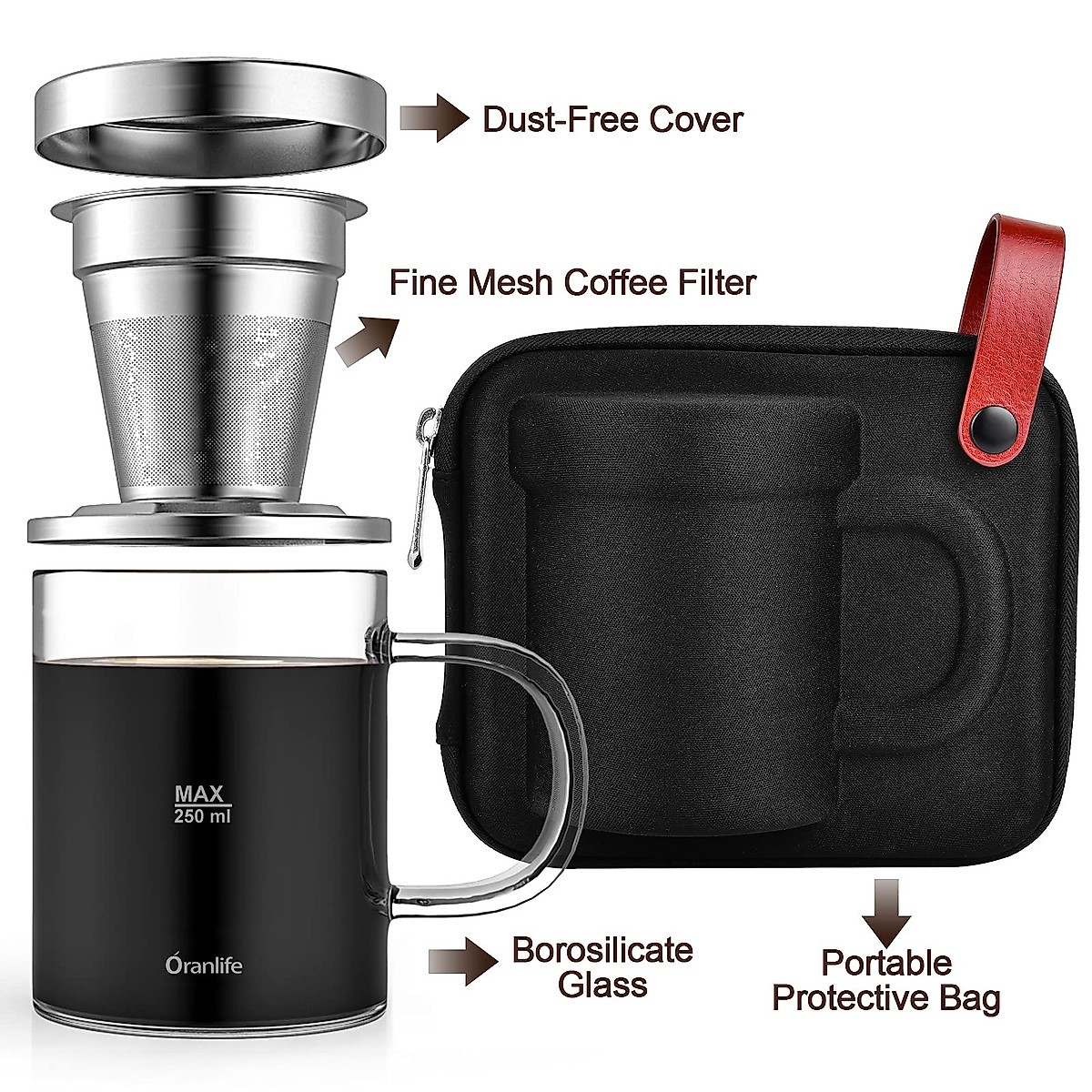 Oranlife Pour Over Coffee Maker Set for Travel/Camping/Hiking, Single Cup, Stainless Steel Coffee Filter, 14 Oz Borosilicate Glass Mug, Extra Permanent Lid and Moulded Neoprene Case, at Home/Office