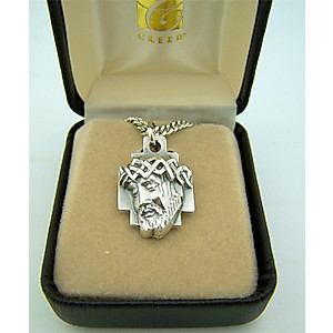 CB Silver Toned Base Crown of Thorns Head of Jesus Christ Cross Medal, 1 Inch