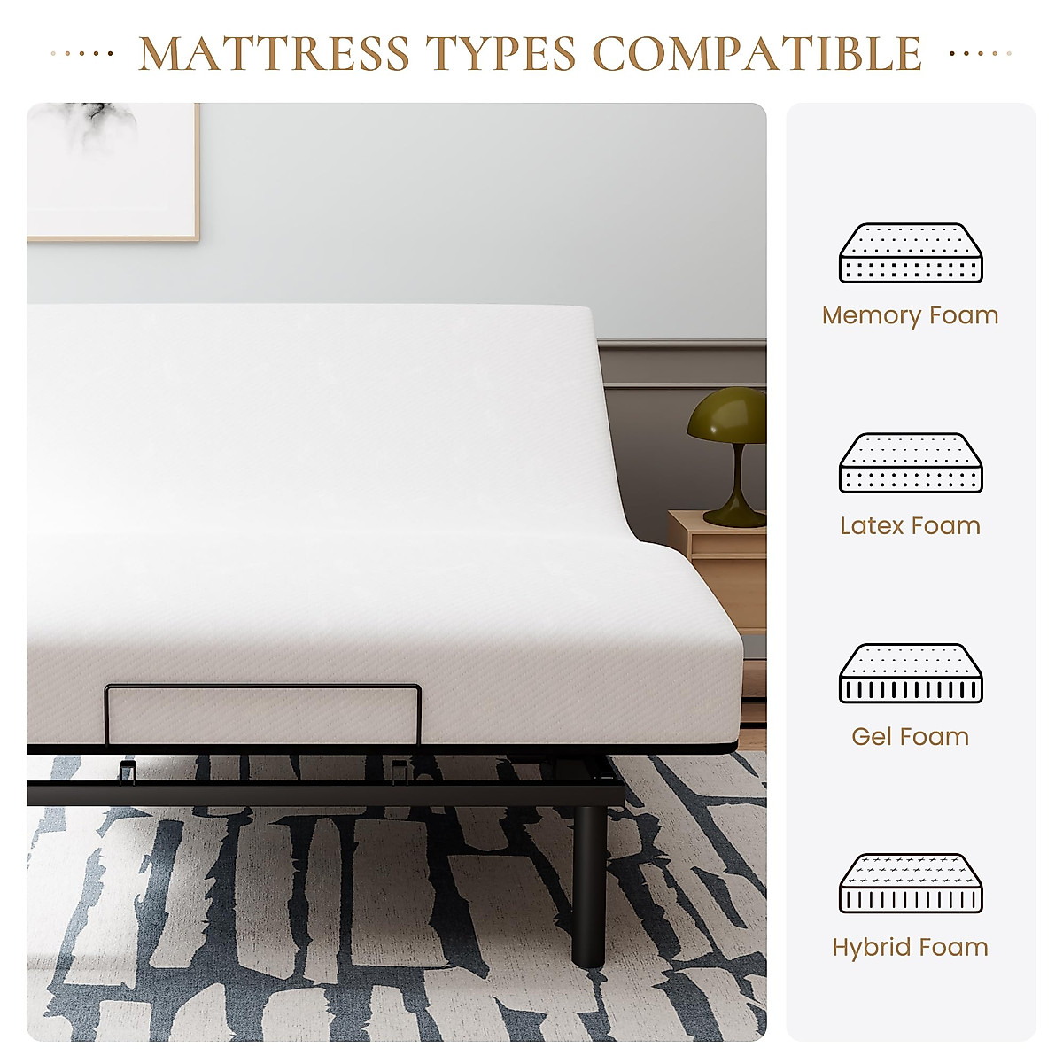 SHA CERLIN Electric Ergonomic Adjustable Bed Base Queen Size, Independent Head and Foot Incline, Wireless Remote Control with Quiet Motor