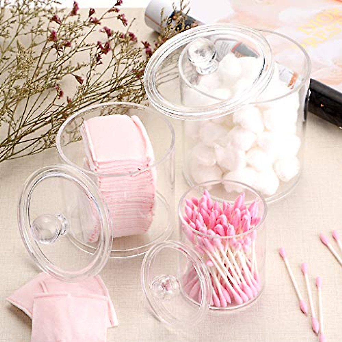 Hipiwe Set of 3 Cotton Ball and Swab Organizer with Lid - Apothecary Acrylic Jar Makeup Cotton Organizer Q-Tips Holder Bathroom Vanity Storage Canister Jar for Cotton Rounds Pads