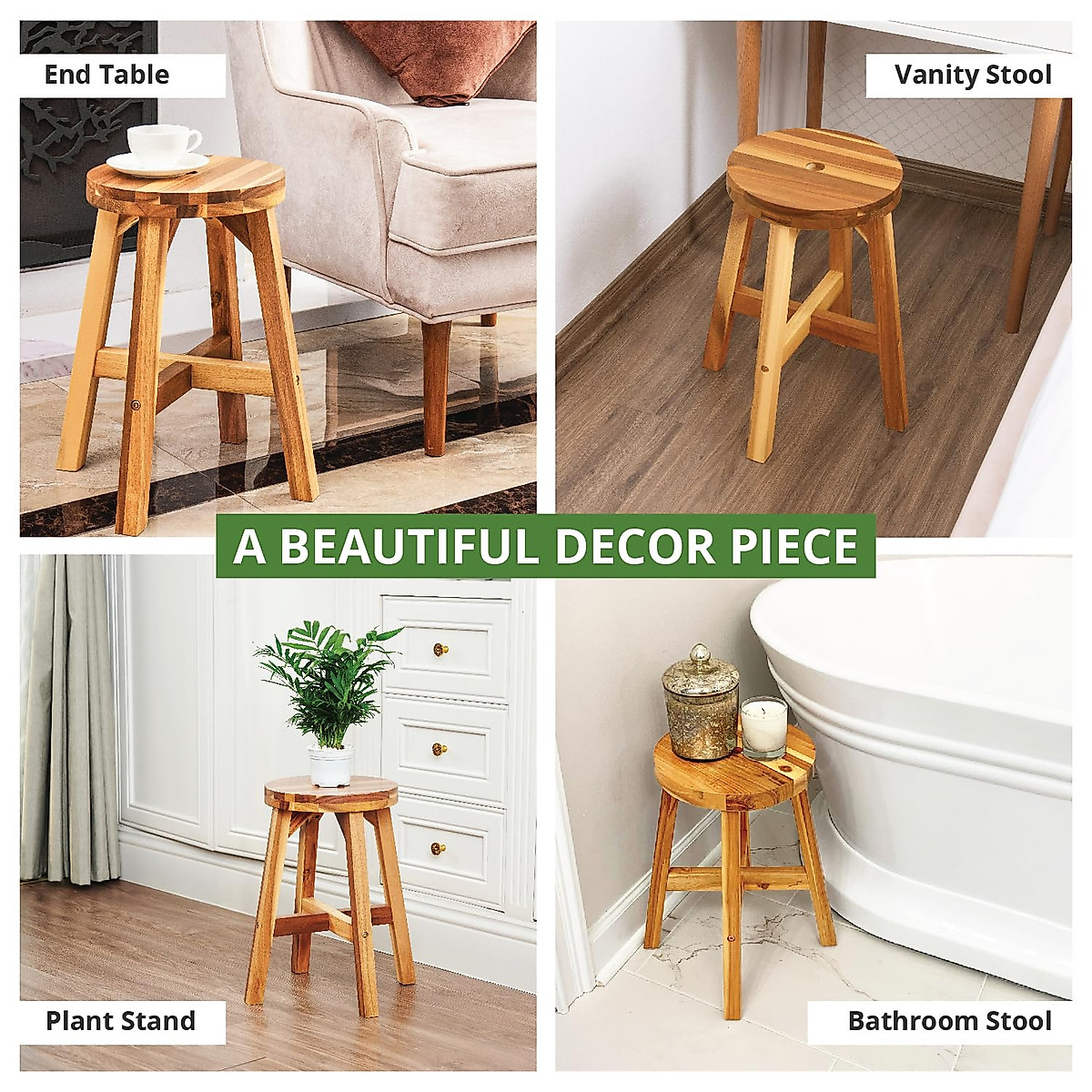 BEEFURNI Round Wooden Stool, Acacia Wood 18 Inch Stool, Wooden Step Stools for Kids, Solid Acacia End Table, Round Plant Stand 350 lbs Capacity, Easy to Assemble, 1 Year Warranty