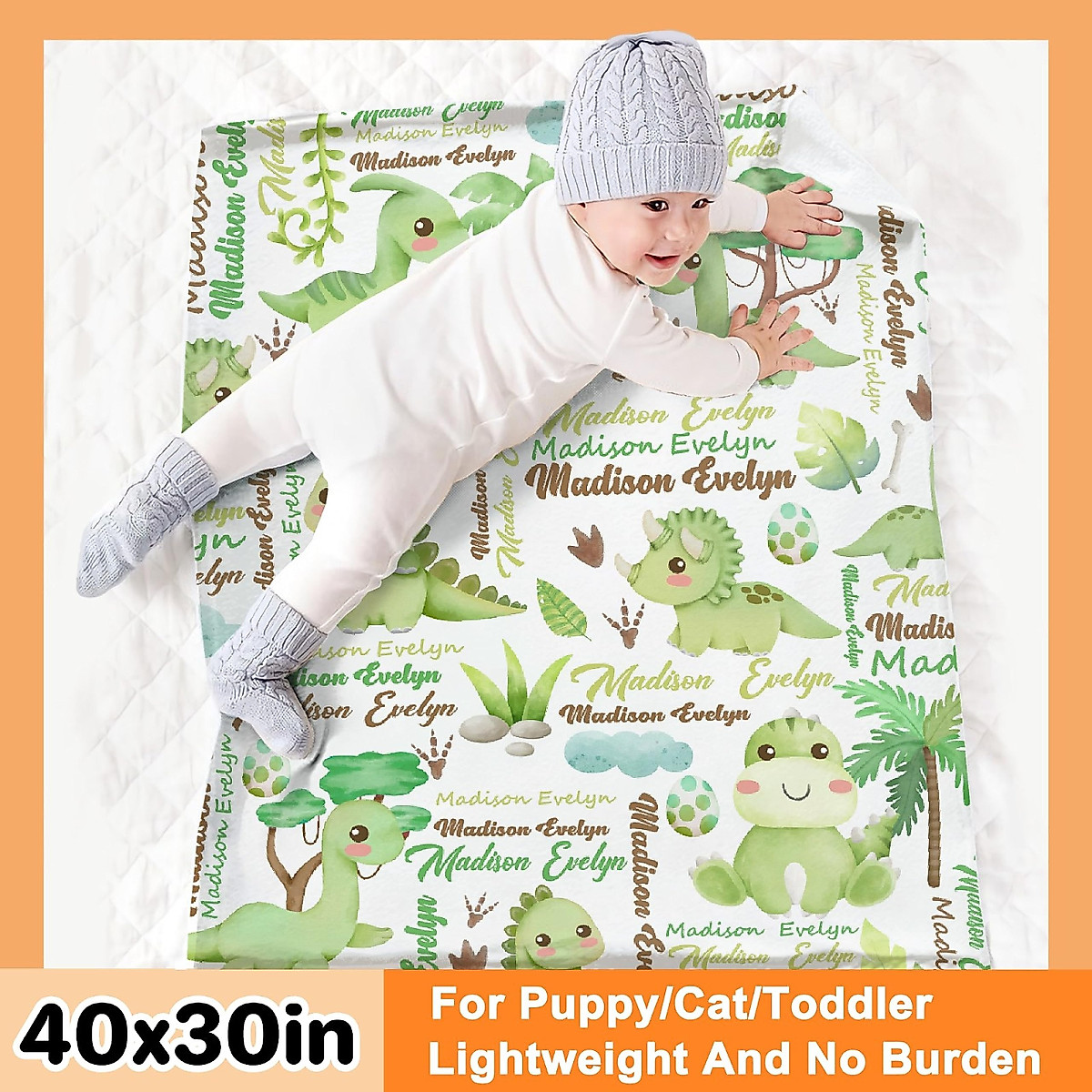 Personalized Baby Name Blanket Dinosaurs Gift for Baby Boys Girls Soft Flannel Newborns Throw Comfy Cozy Fleece Custom Kids Blanket Gifts for Toddler Nursery Birthday Christmas-30 x40