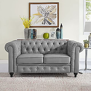 Naomi Home Emery Chesterfield Loveseat, Luxurious Comfort for Cozy Living Rooms, Mid-Century Modern Couch, Elegance & Serenity, 2-Seater Loveseat Couch for Small Space, Gray, PU Leather