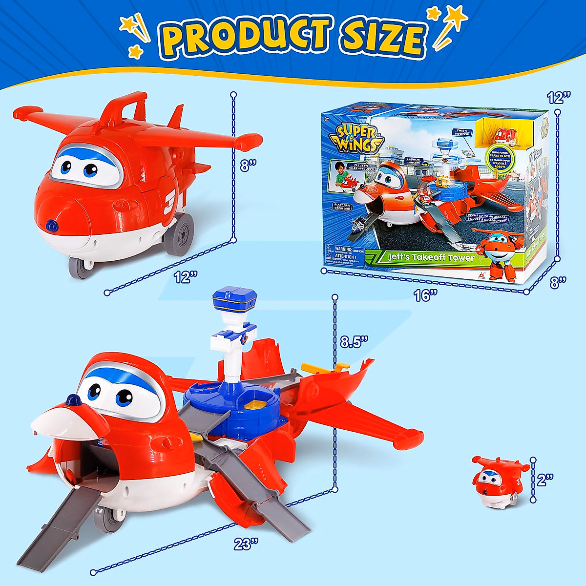 Super Wings Jett's Takeoff Tower 2-in-1 Airplane Toys Playset with 2" Jett Mini Figure Transform-a-Robots, Toys for Preschool Kids, Gifts for Boys and Girls Age 3+, Educational Learning Toys