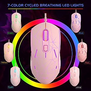 MageGee G6 Wired Gaming Mouse, Ergonomic USB Optical Mouse with 7 Colors Breathing LED Backlit, 6 Adjustable Speed Levels from 600 to 3200 for Laptop PC Computer Games & Work, Pink