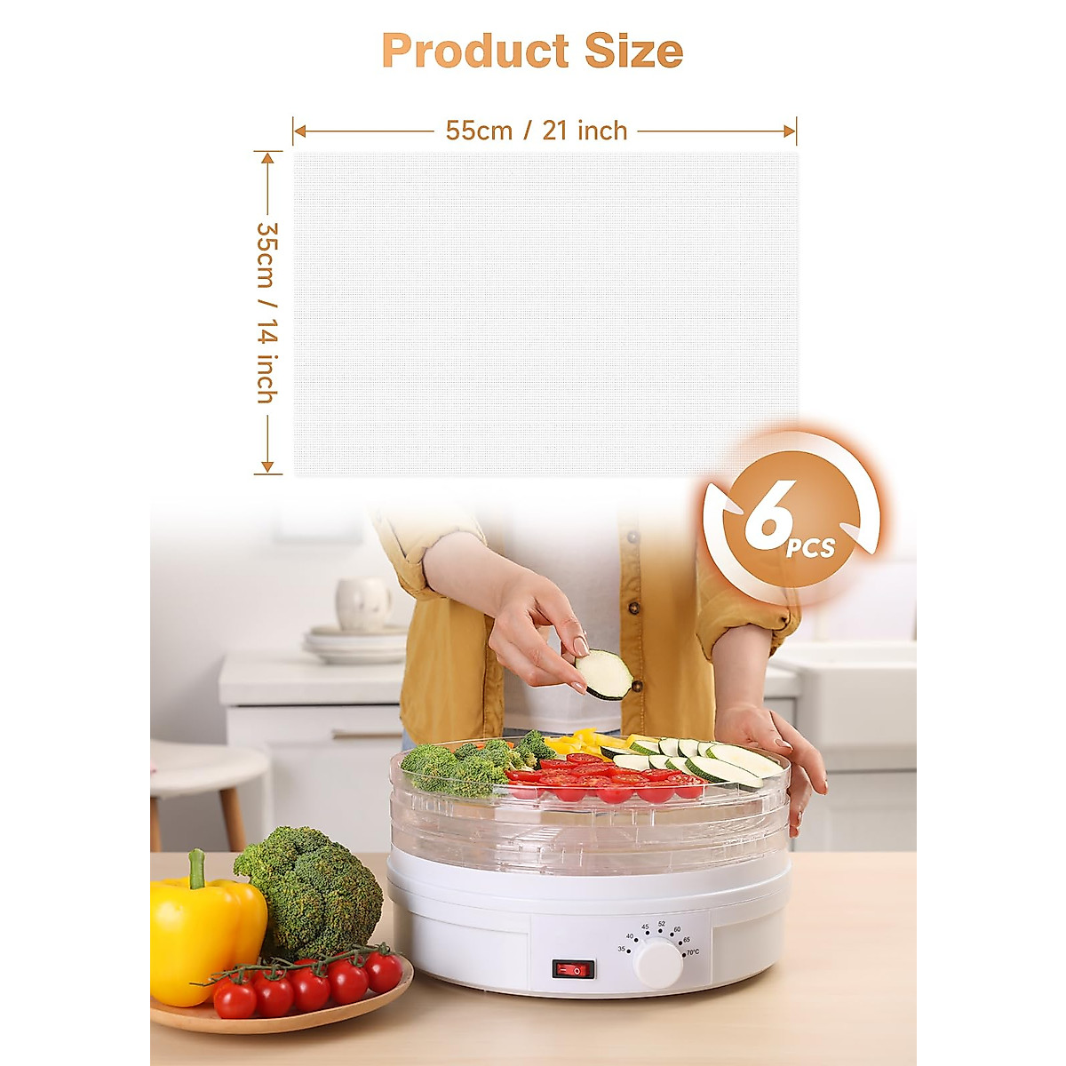 SUCISENI 6 Pack Silicone Dehydrator Sheets (14 x 21 Inch) Premium Non-Stick Silicone Mesh Mat for Fruit Food Dehydrator Reusable Dehydrator Tray Liners for Fruits Meat Vegetables Herbs