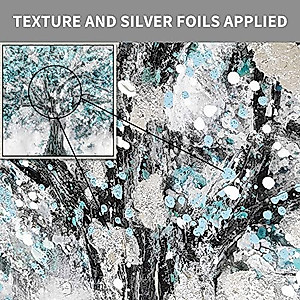 Abstract Landscape Canvas Wall Art: Blue Tree Blooming Pictures Large Nature Maple Oil Painting Print Framed Glitter Silver Foil Contemporary Hand Painted Artwork for Modern Living Room Bedroom Bathroom