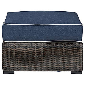 Signature Design by Ashley Grasson Lane Outdoor Patio Upholstered Ottoman with Wicker Base, Blue